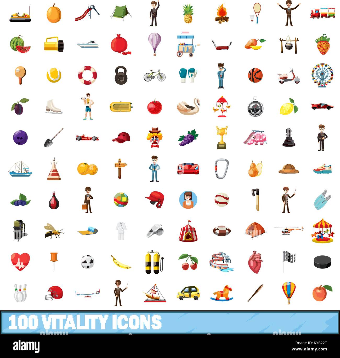 100 vitality icons set in cartoon style for any design vector ...