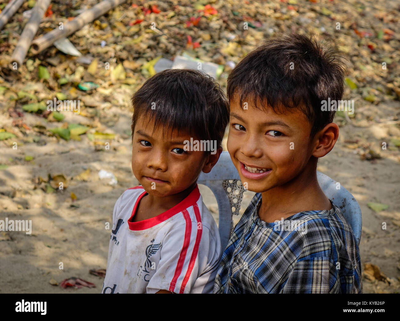 Bagan, Myanmar - Feb 21, 2016. Portrait of Burmese boys at village in ...