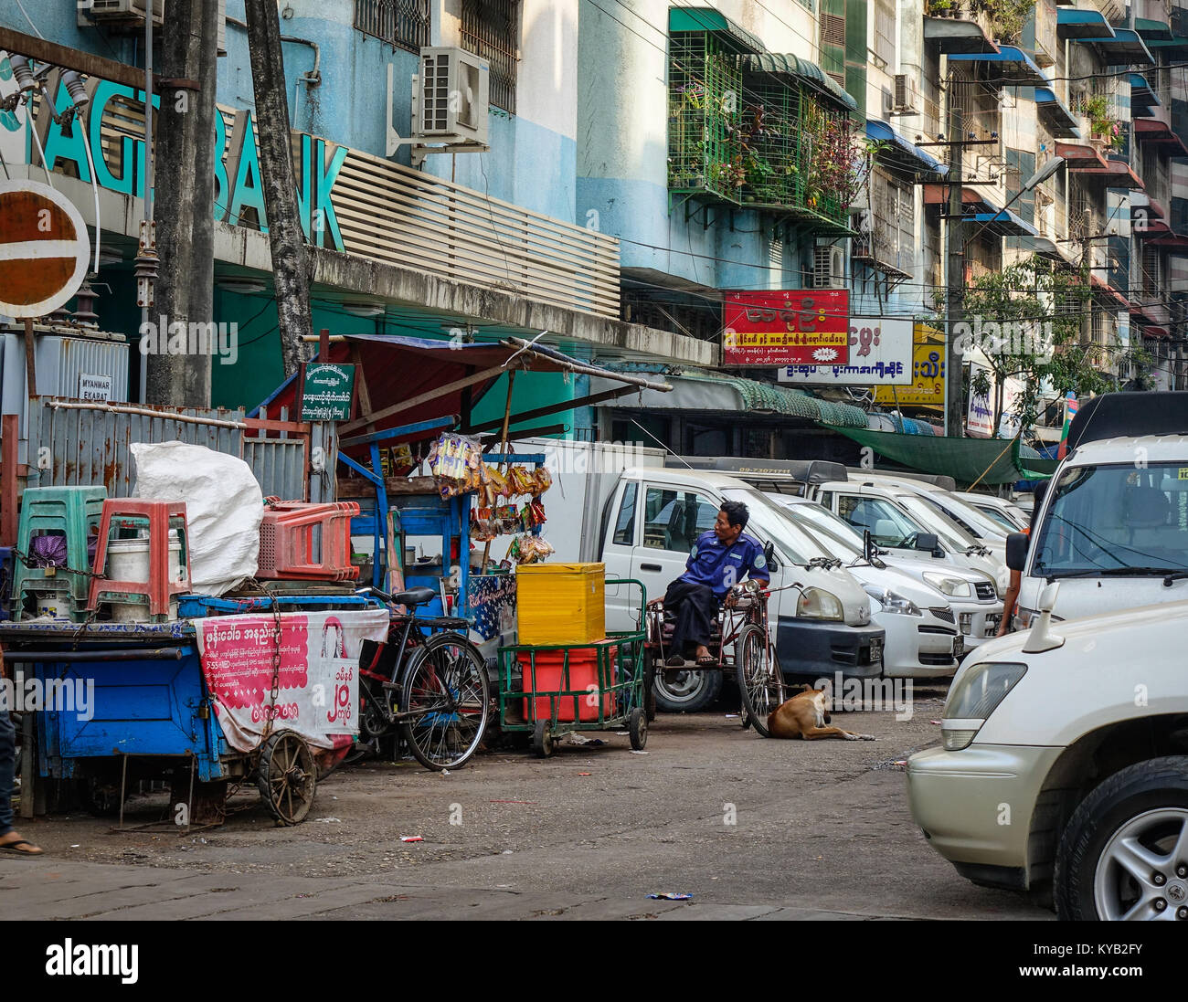 Yangon, Myanmar - Feb 27, 2016. Old street with apartment in Yangon ...