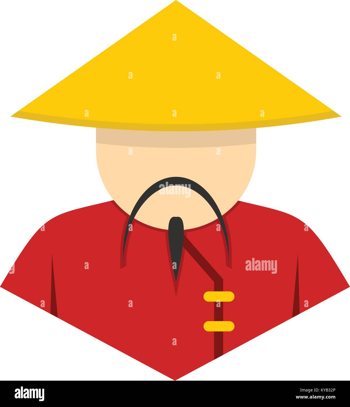 Asian man in conical, straw hat icon flat isolated on white background ...