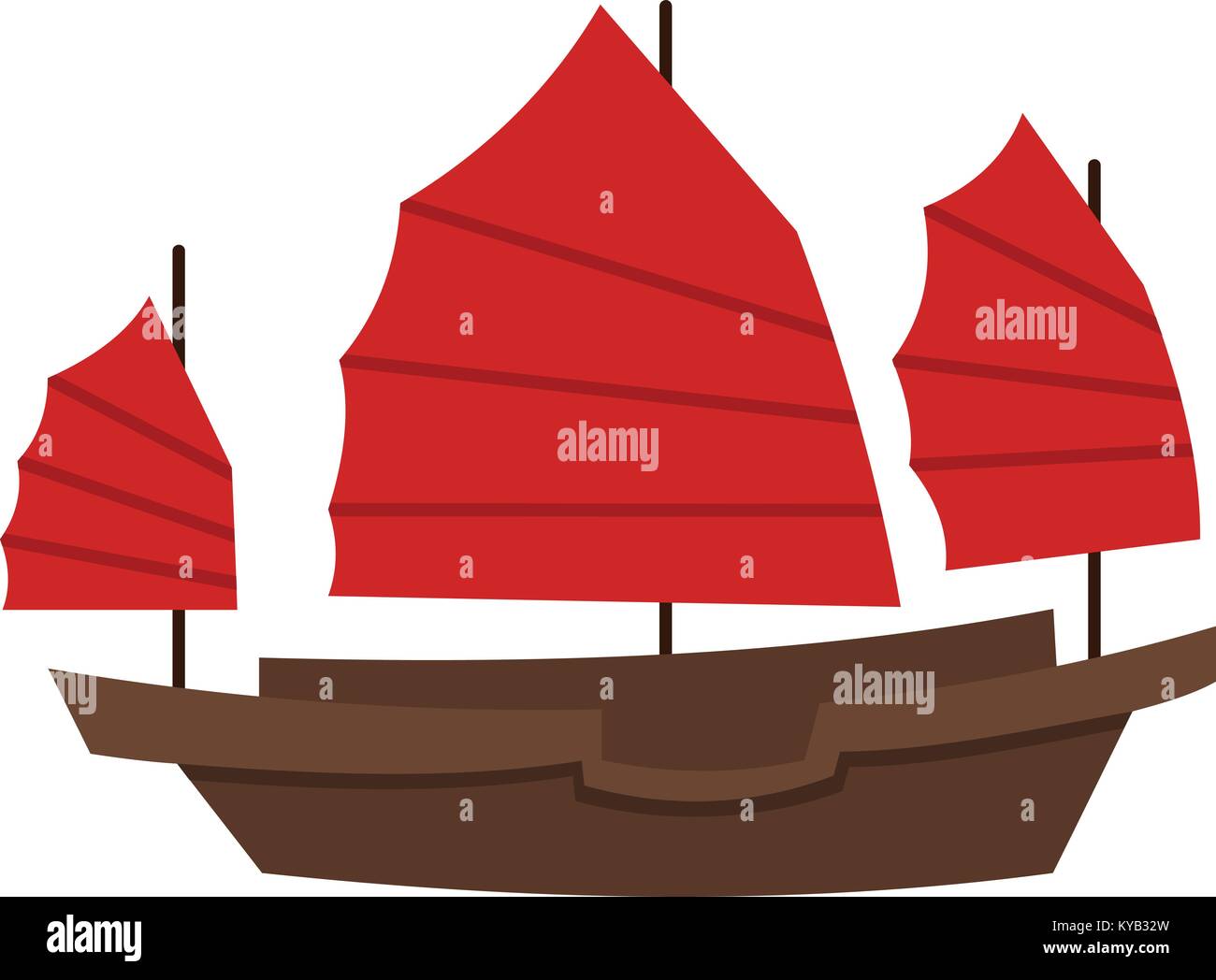 Chinese boat with red sails icon flat isolated on white background ...