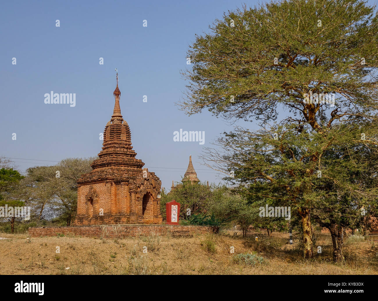 Ancient Buddhist temple with trees in Bagan, Myanmar. Bagan in central ...