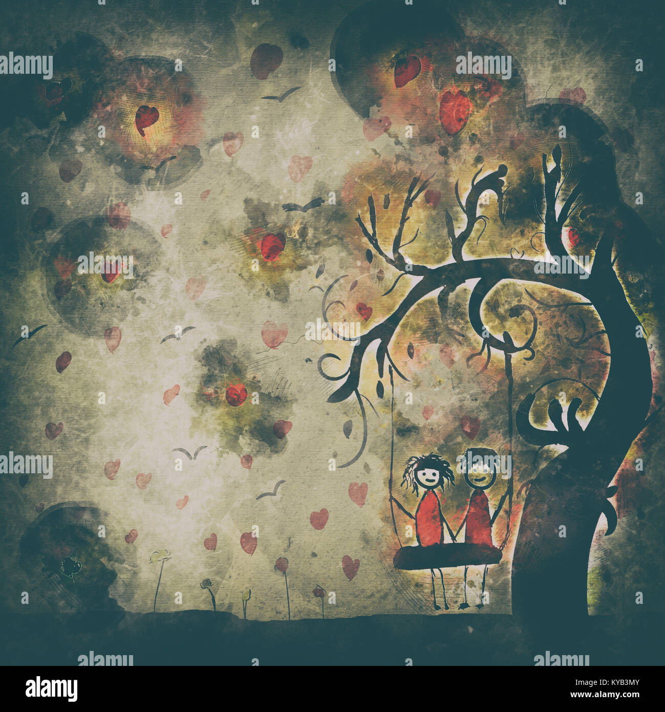 Grunge watercolor love card design with drawing couple and hearts Stock ...