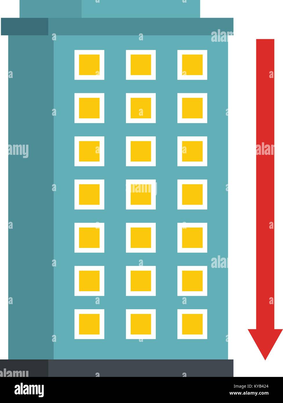 Building and red down arrow icon flat isolated on white background ...