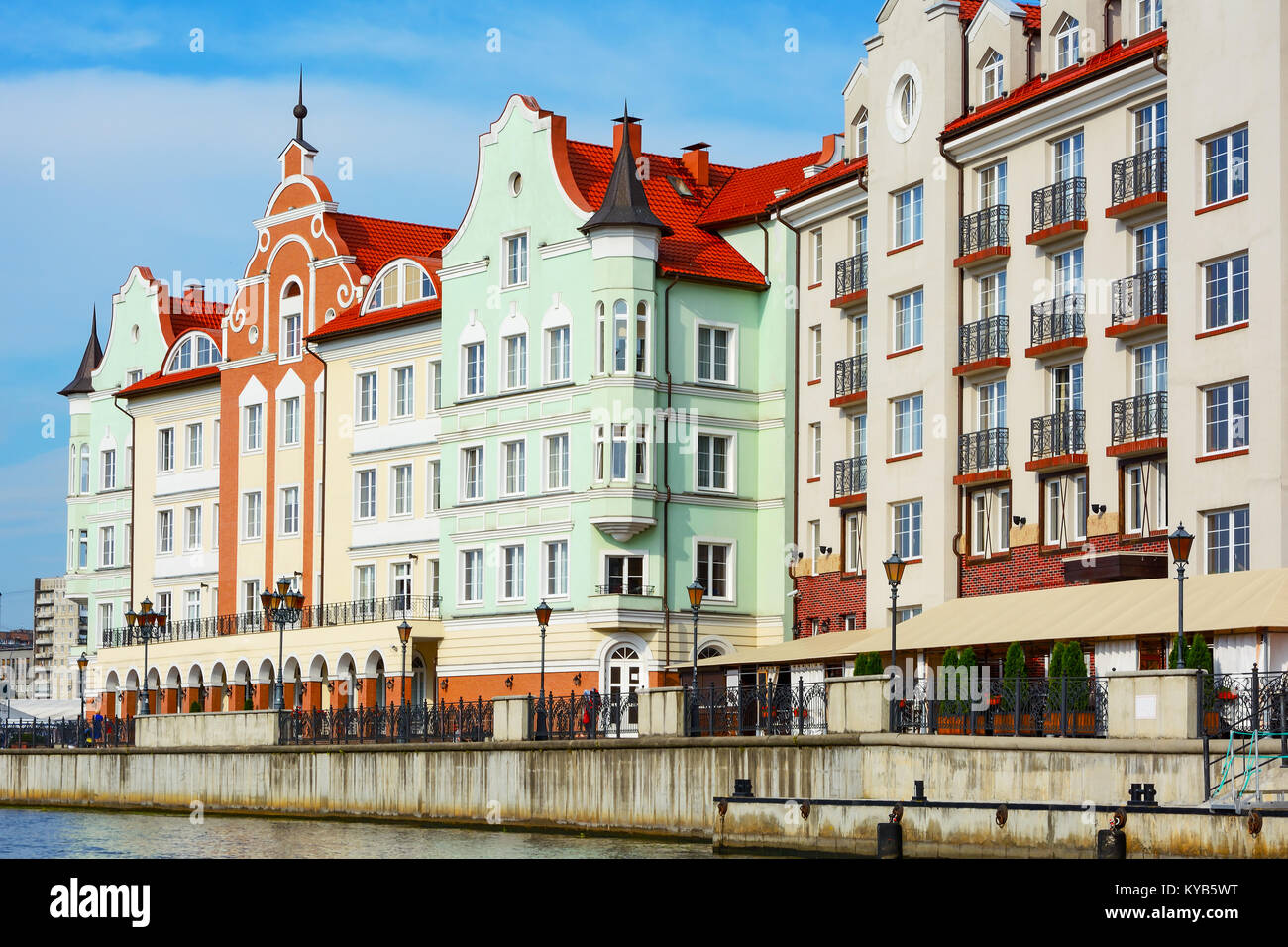 Kaliningrad, the beautiful colorful buildings on the embankment of the ...