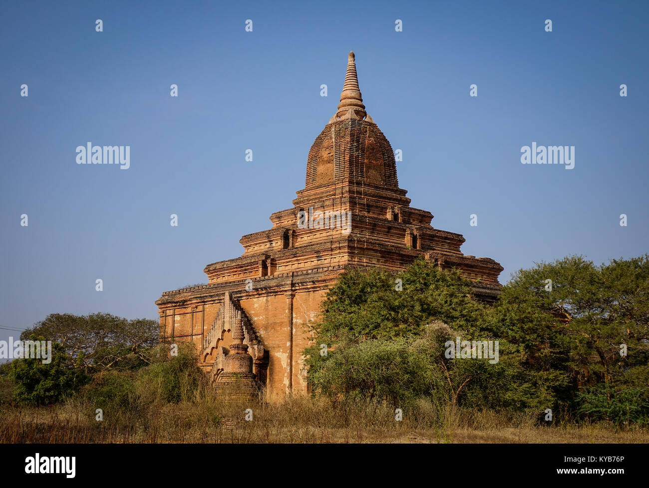 Ancient Buddhist temple with trees in Bagan, Myanmar. Bagan is one of ...