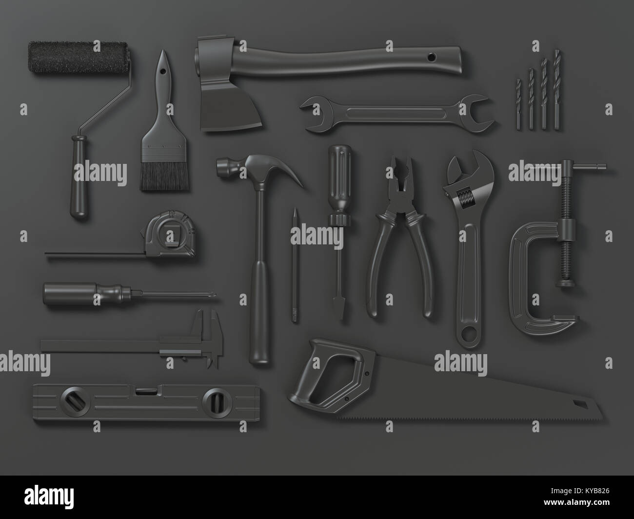 Set of of black tools isolated on black background. Mock up. With paths ...