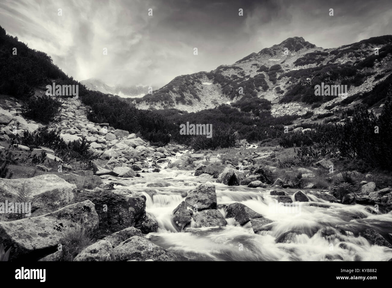 black and white landscape with cold high mountain River in Pirin ...