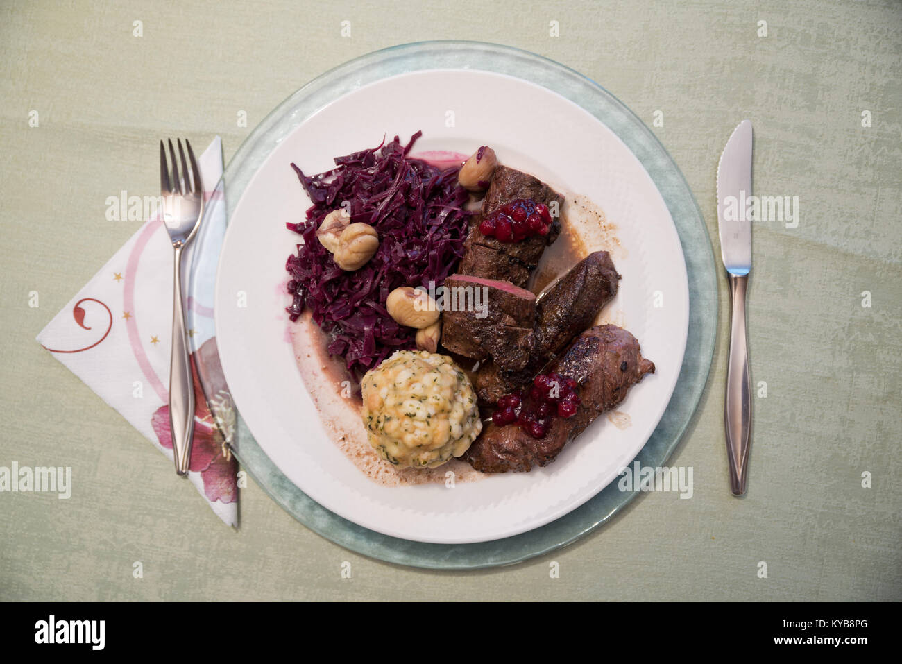 Festive Christmas dinner in Austria, typical seasonal venison filet ...