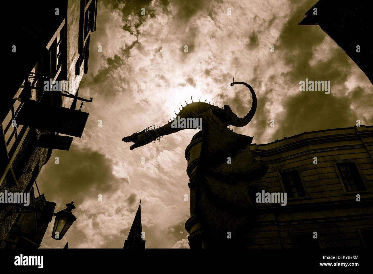 dragon screaming over houses over ancient medieval town Stock Photo - Alamy