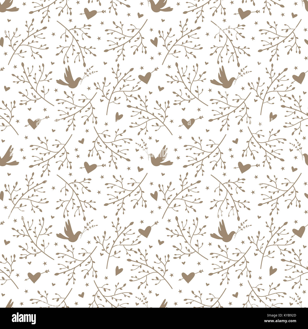 Seamless pattern with birds, branches and hearts Stock Photo - Alamy