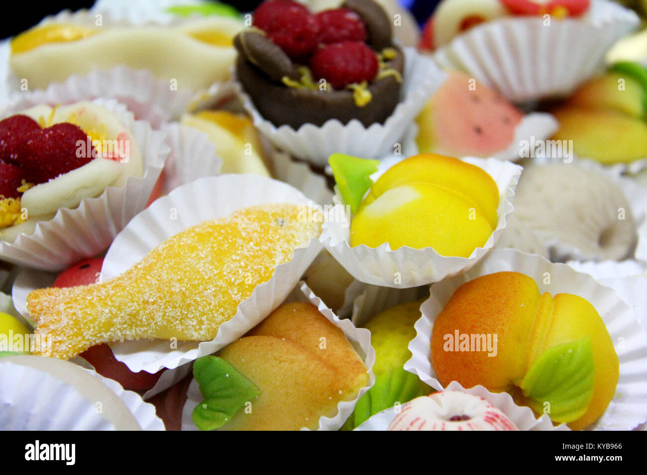 Selection of colorful traditional Portuguese almond marzipan cakes ...