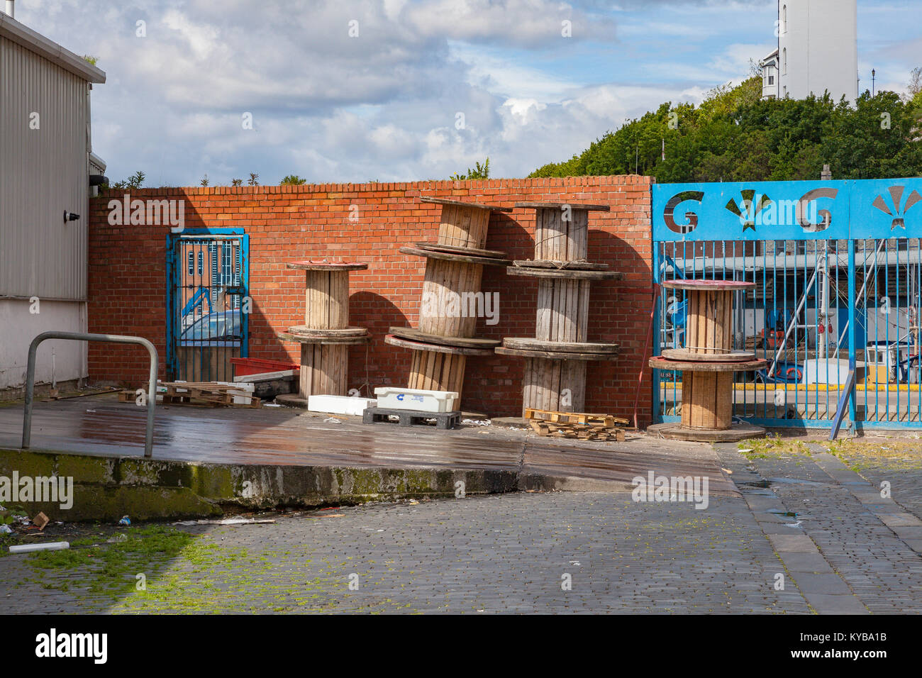 A stack of cable drums outside an industrial unit on the Fish Quay ...