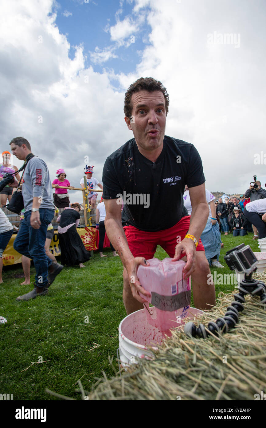 Canadian comdeian Rick Mercher in the grape stomp celebrating at the ...