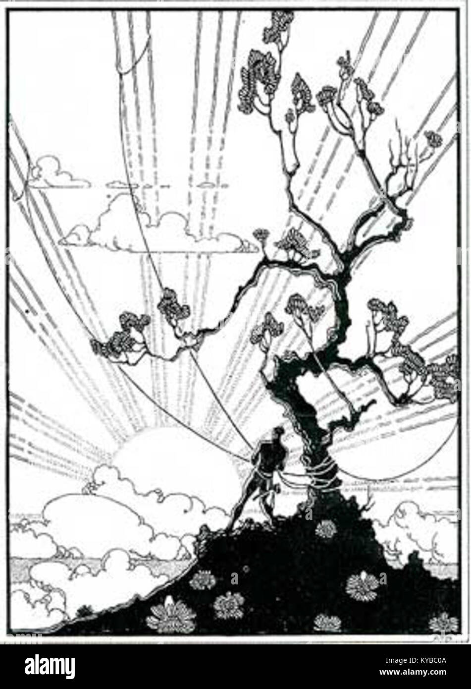 This pen and ink drawing titled 'Maui Snaring the Sun' represents a ...