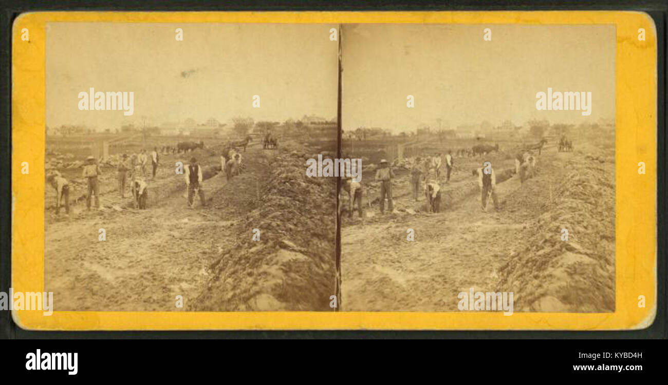 This image by E. F. Gay shows workers digging a wide ditch, capturing ...