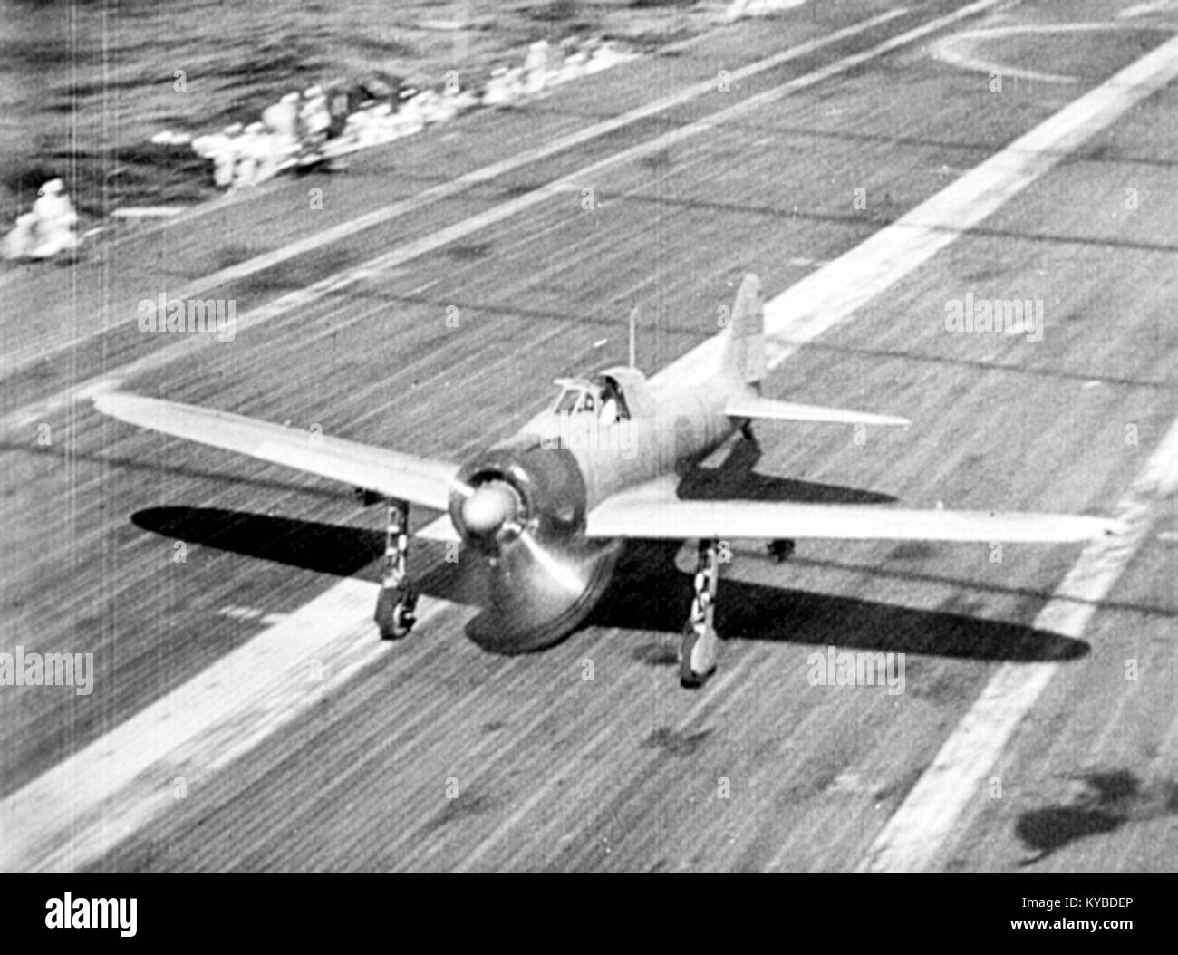 A Mitsubishi A6M2 Zero fighter aircraft is shown taking off during the ...