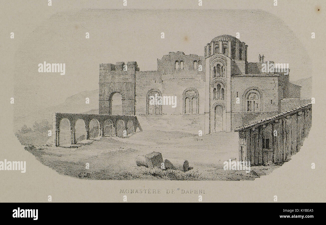 This 1867 illustration by Rey Etienne depicts the Monastère de Daphni ...