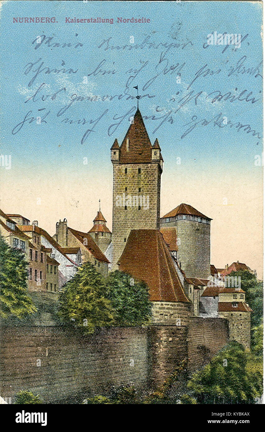 This historical image from Nuremberg features the Kaiserstallungen ...