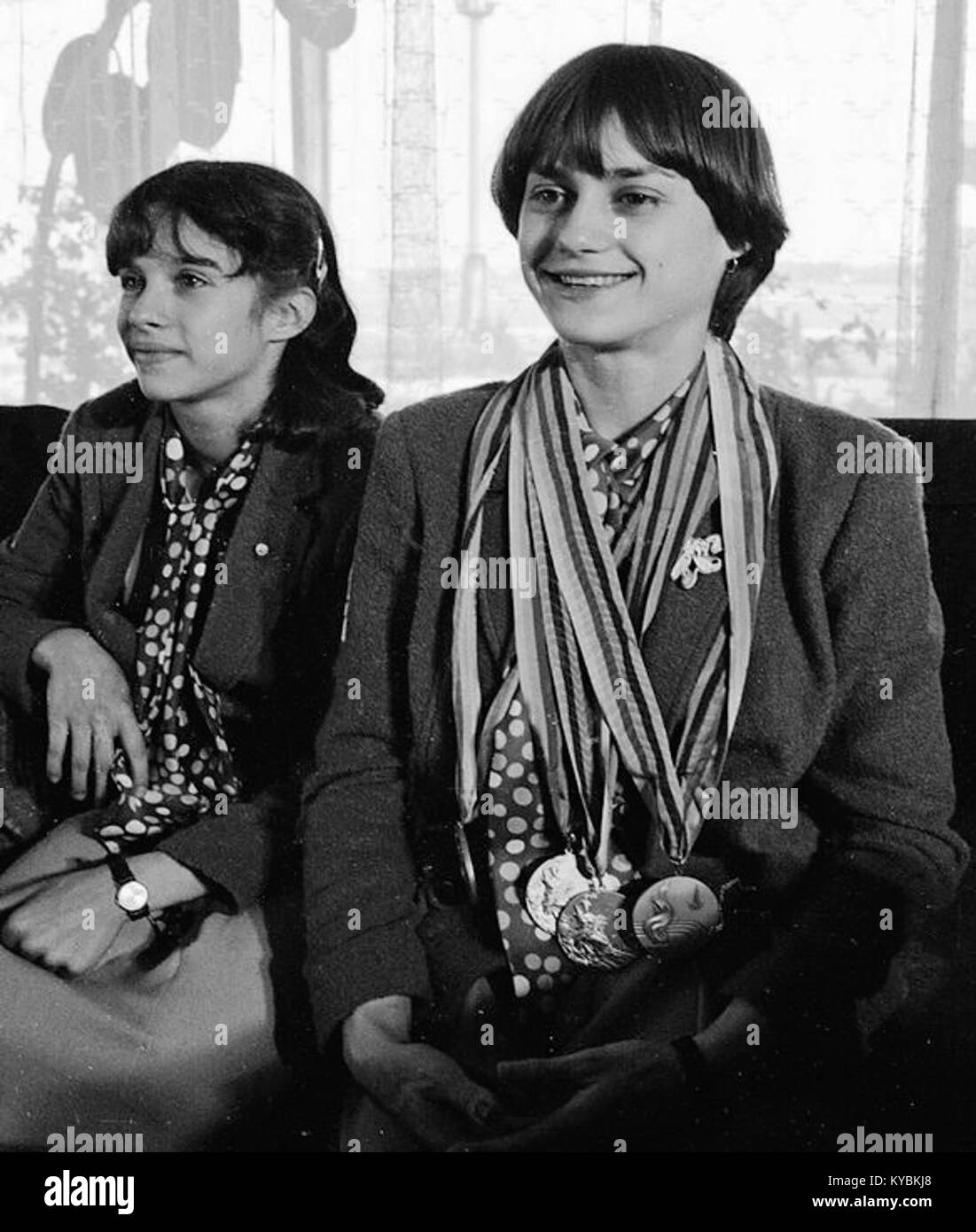 Photograph of Romanian gymnast Nadia Comăneci taken in 1980, showing ...