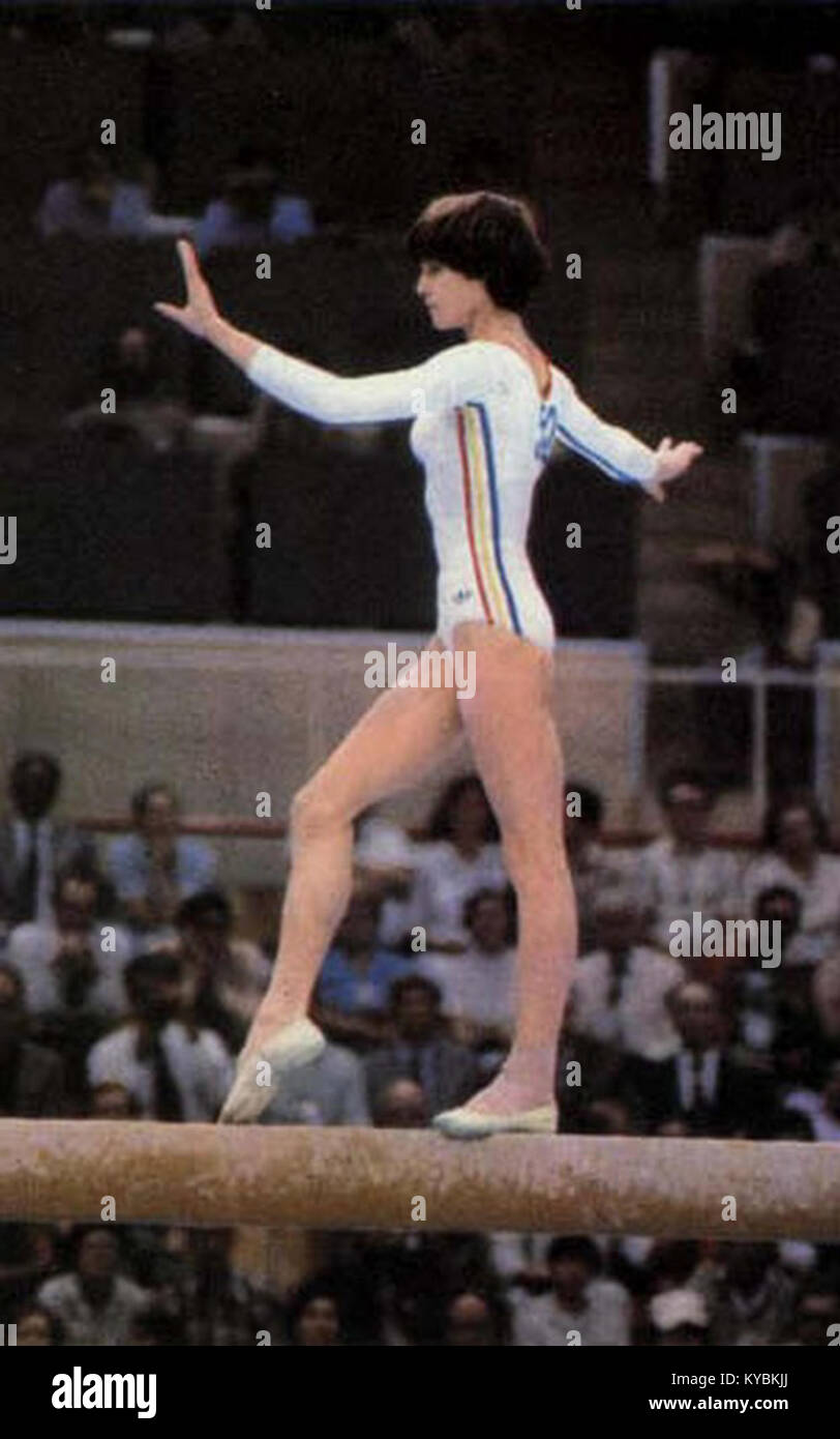 A photograph of Nadia Comăneci, the famous gymnast, during her ...