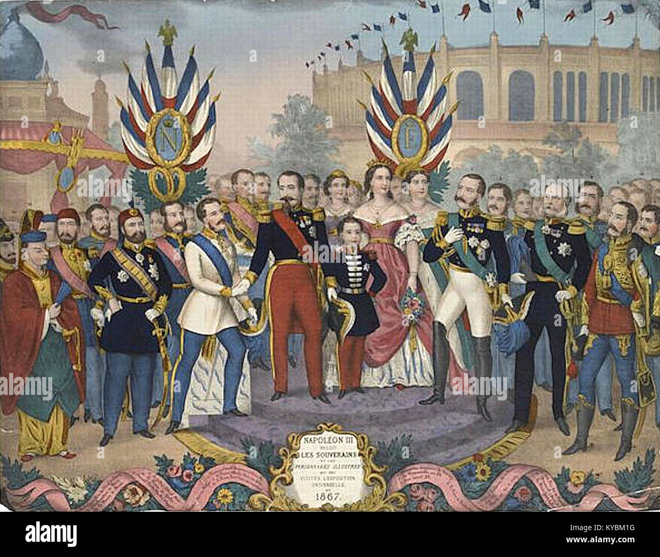 A painting of Napoleon III receiving monarchs and notable figures who ...