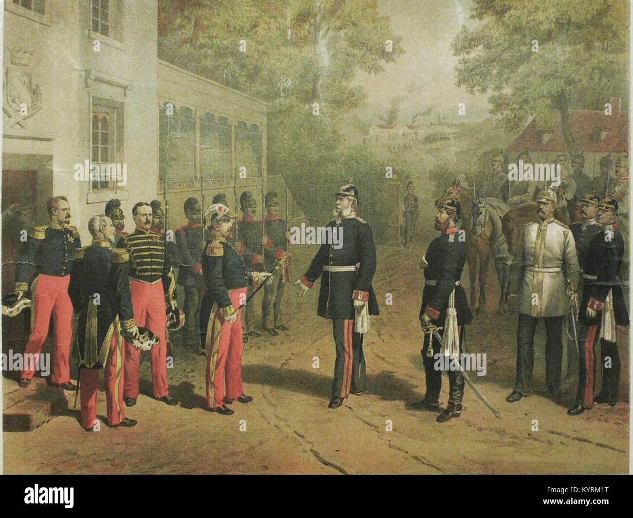 The historical image depicts Napoleon Bonaparte surrendering his sword ...