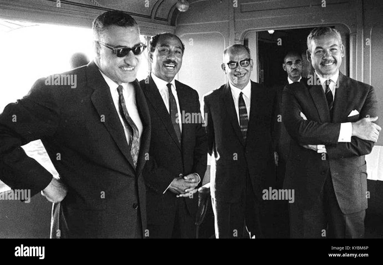 A historical photograph showing Egyptian leaders Gamal Abdel Nasser ...