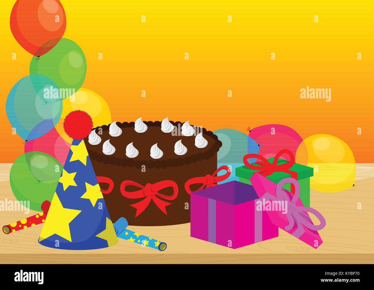 Cake, gift boxes on a table, balloons on the background. Vector cartoon ...