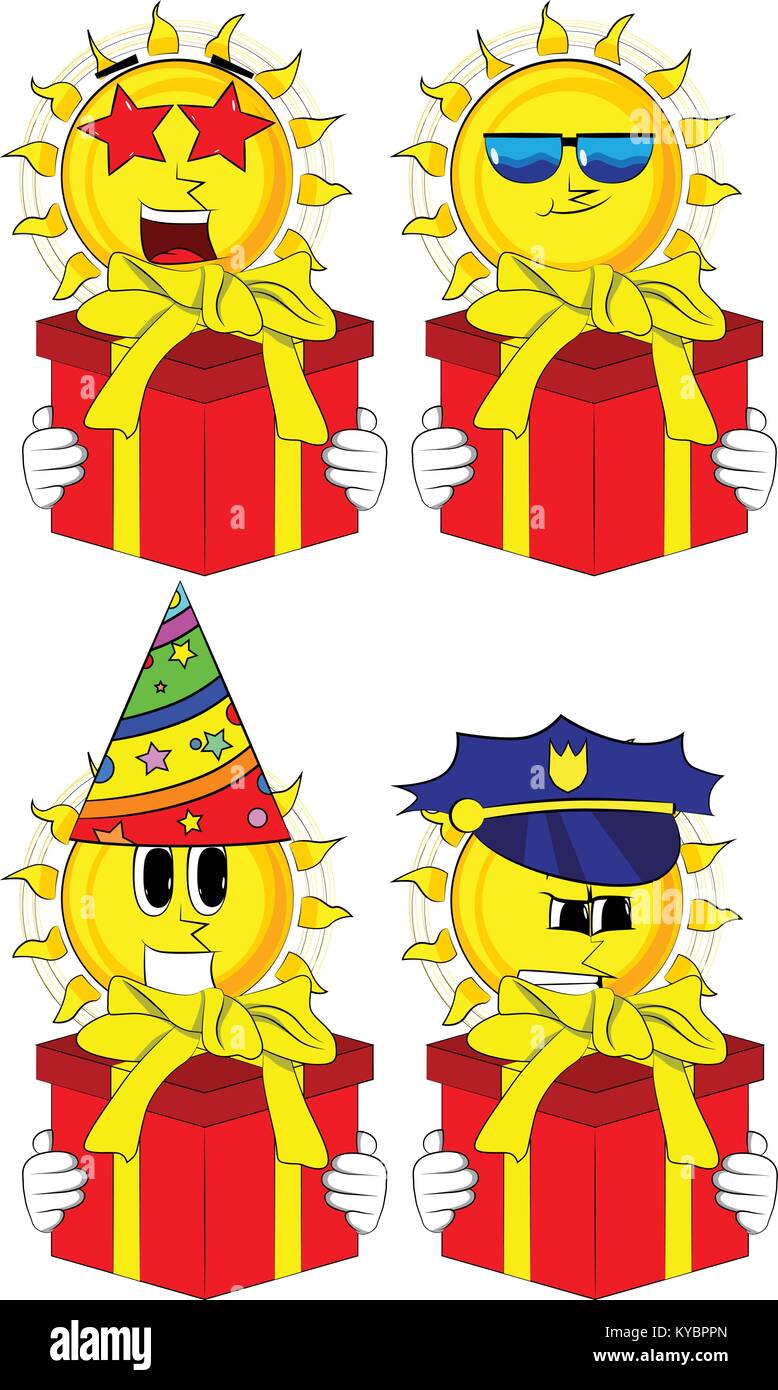 Cartoon sun holding big gift box. Collection with costume. Expressions ...