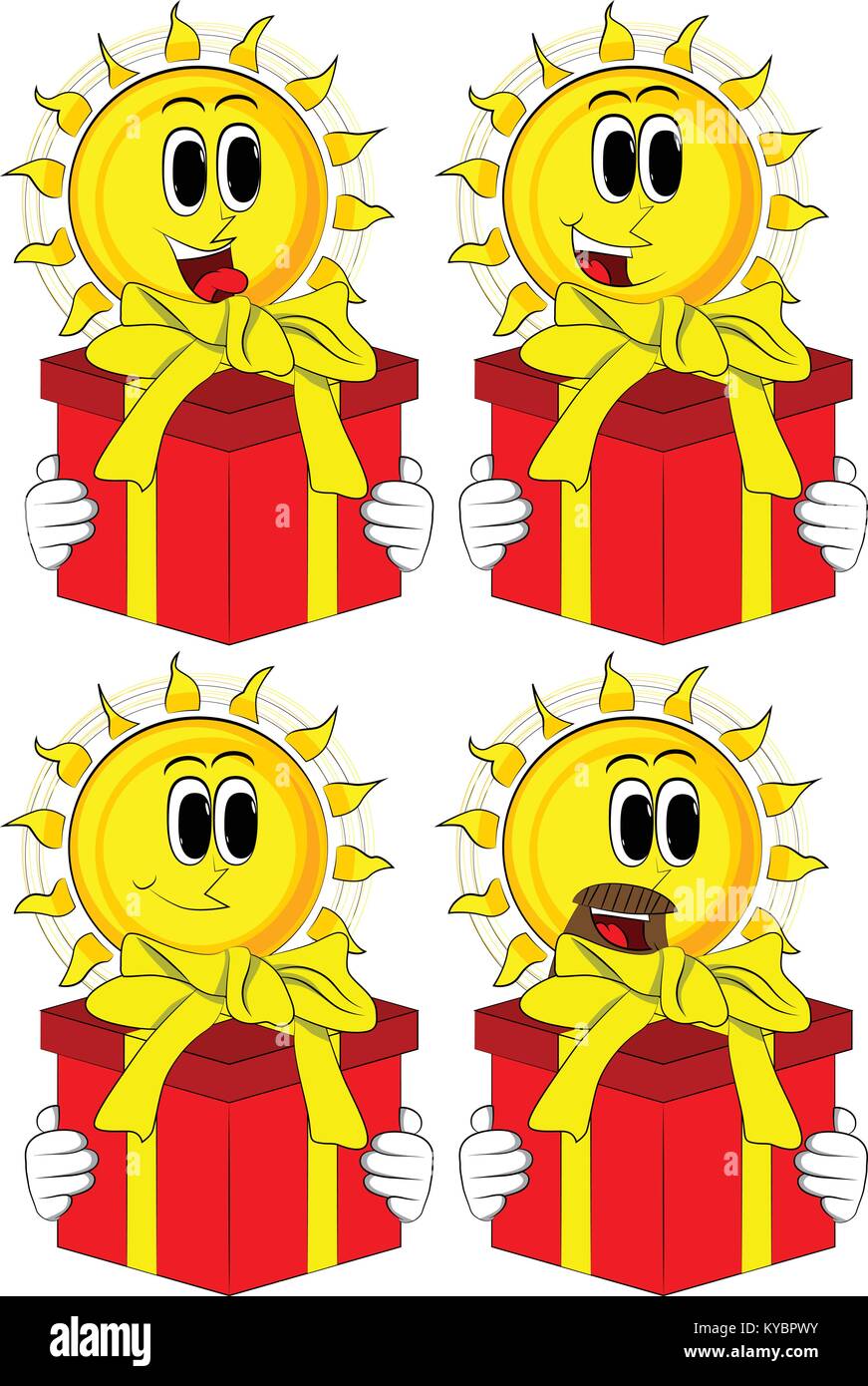 Cartoon sun holding big gift box. Collection with happy faces ...