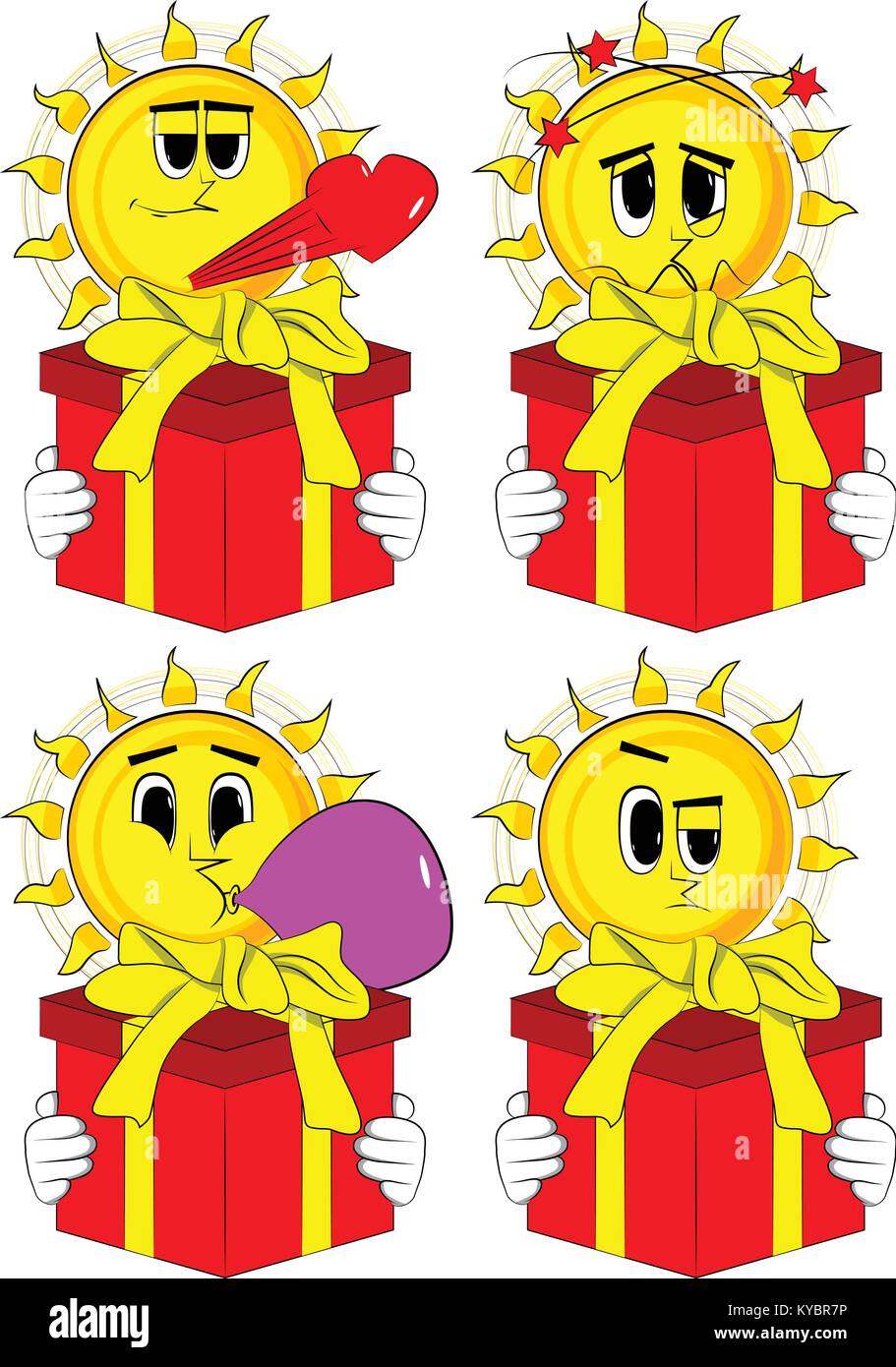 Cartoon sun holding big gift box. Collection with various facial ...