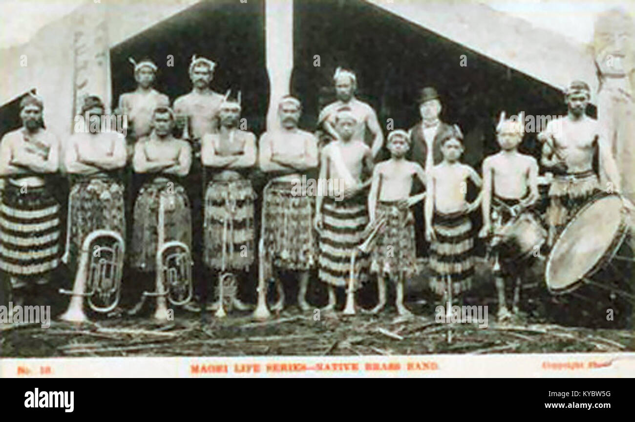A 1908 photograph of the Maori Brass Band in New Zealand, showing ...