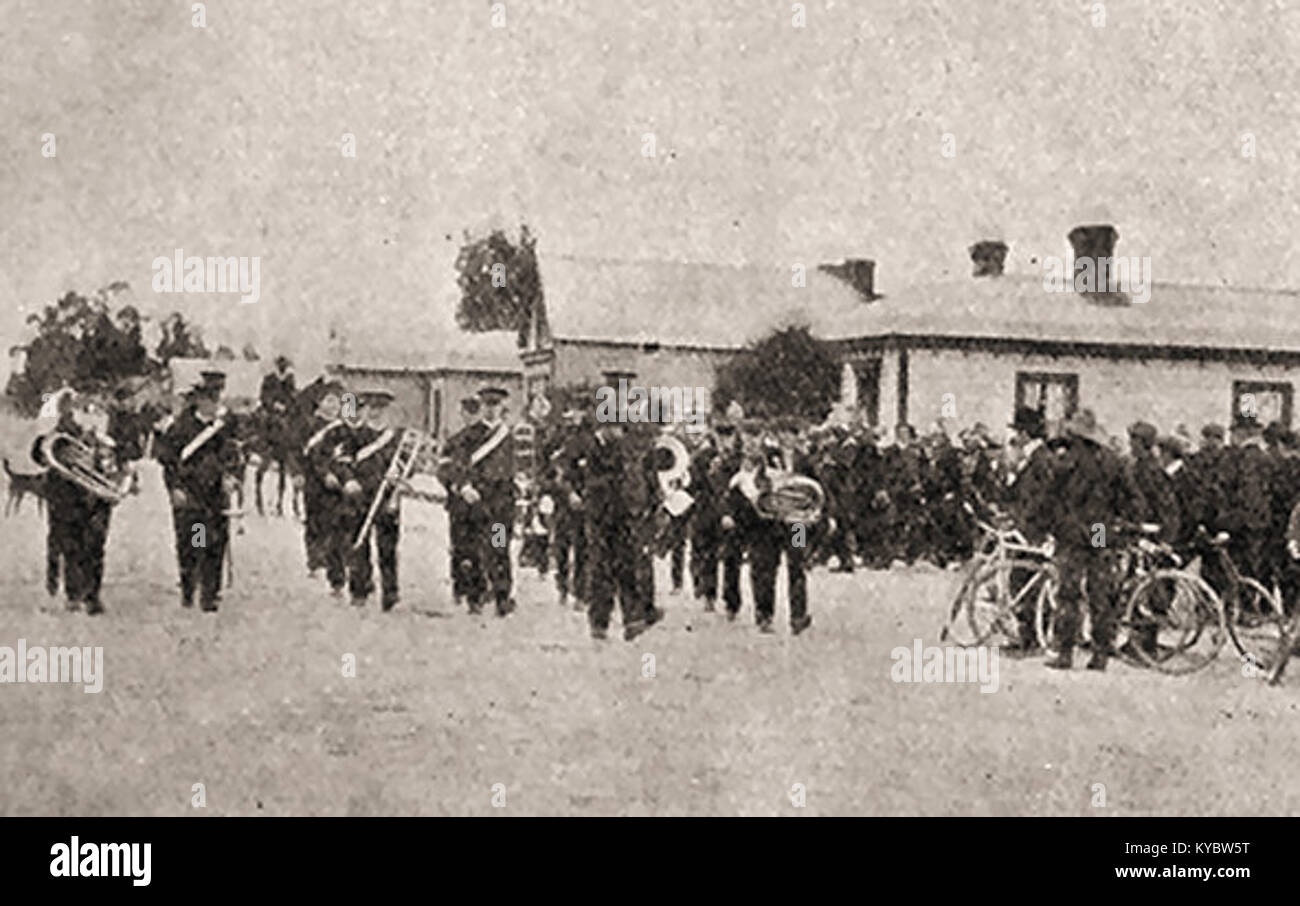 A historical photograph of the Rangiora Brass Band in New Zealand ...
