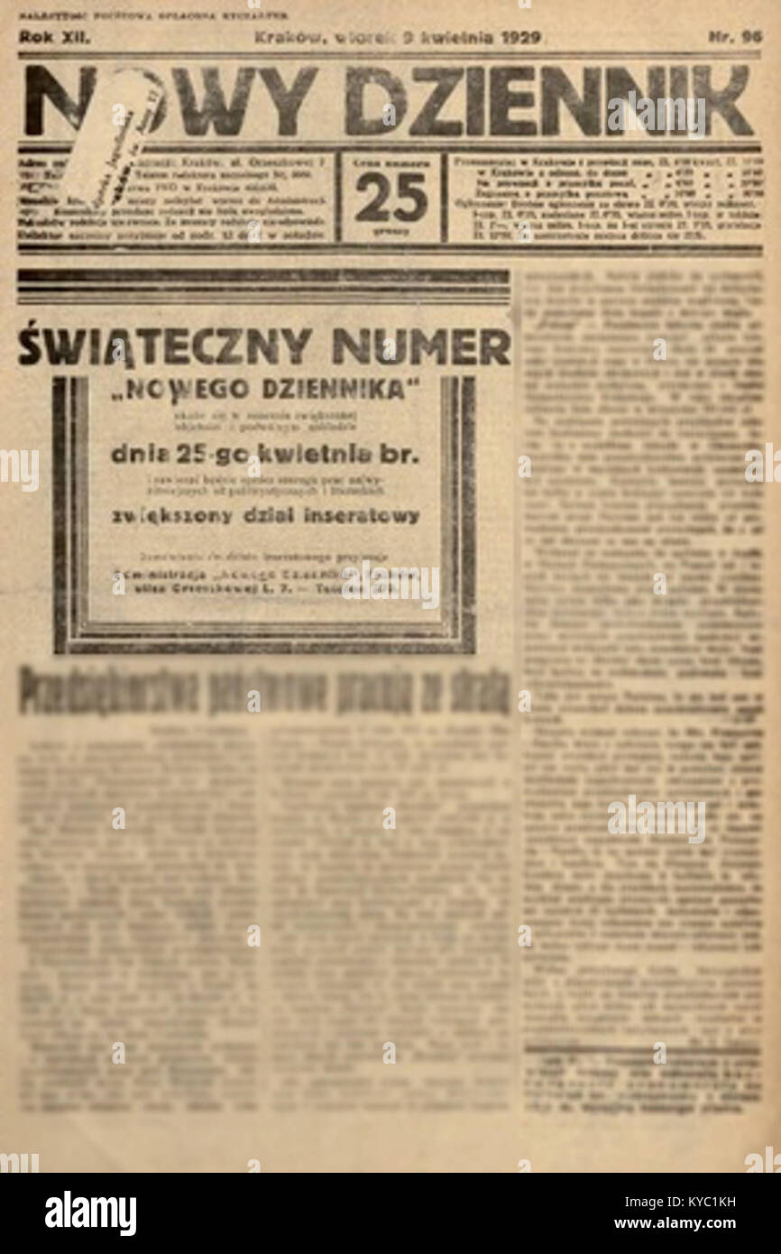 Cover of the 1929 issue number 96 of Nowy Dziennik, a Polish newspaper ...