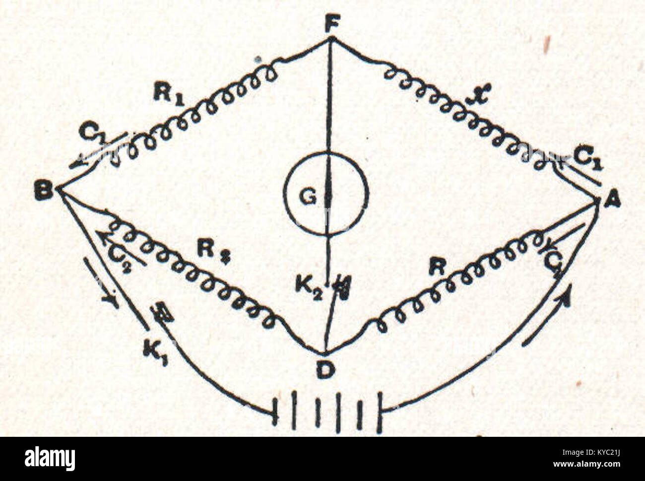 A technical diagram illustrating Wheatstone's bridge circuit, used to measure electrical ...
