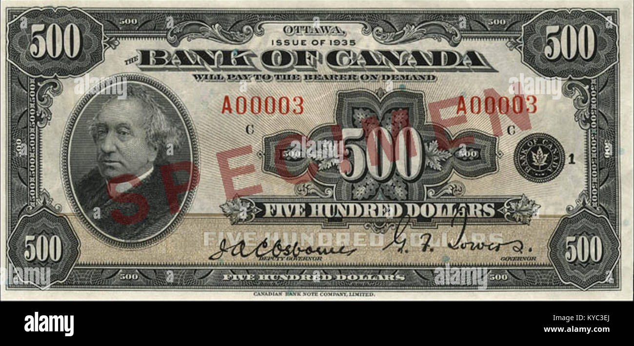 The obverse of the 1935 Canadian $500 banknote from the English series ...