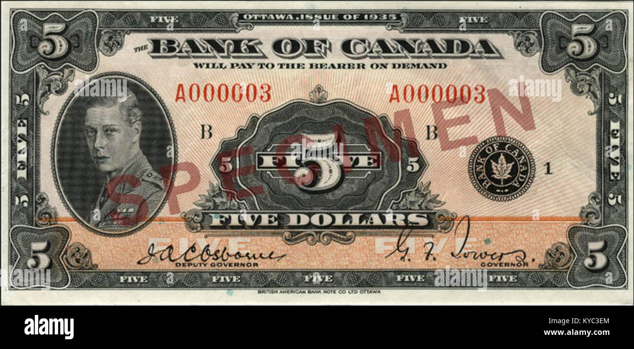 This refers to the front side of the $5 Canadian banknote from the 1935 ...