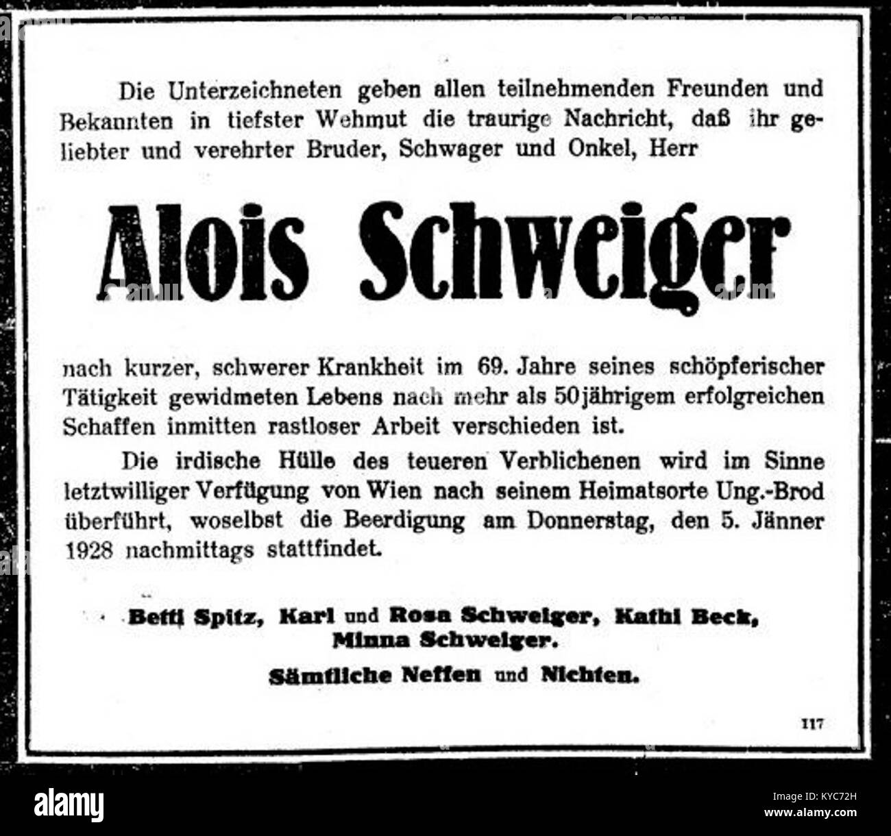 The death announcement for Alois Schweiger appears in historic period ...