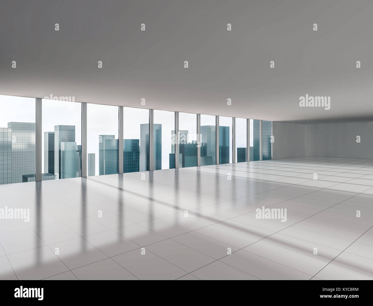 Big window with views of city. 3d rendering Stock Photo - Alamy