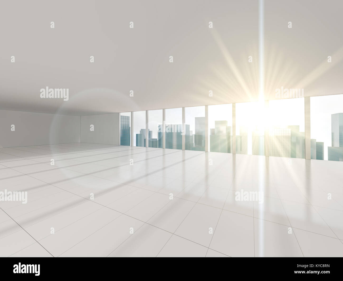 Big window with views of city. 3d rendering Stock Photo - Alamy