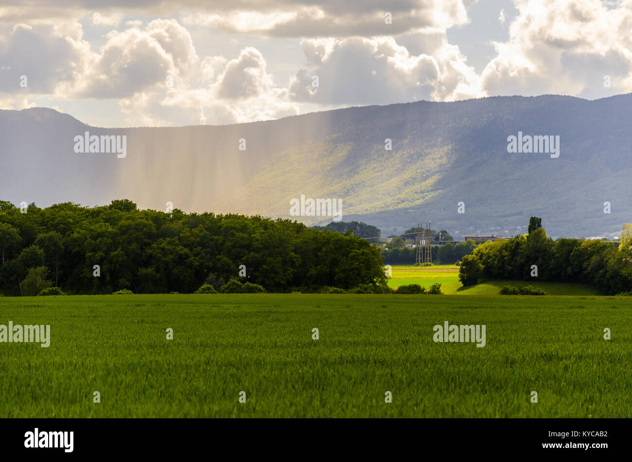 Rays of sunshine breaking through clouds over a lush green landscape ...