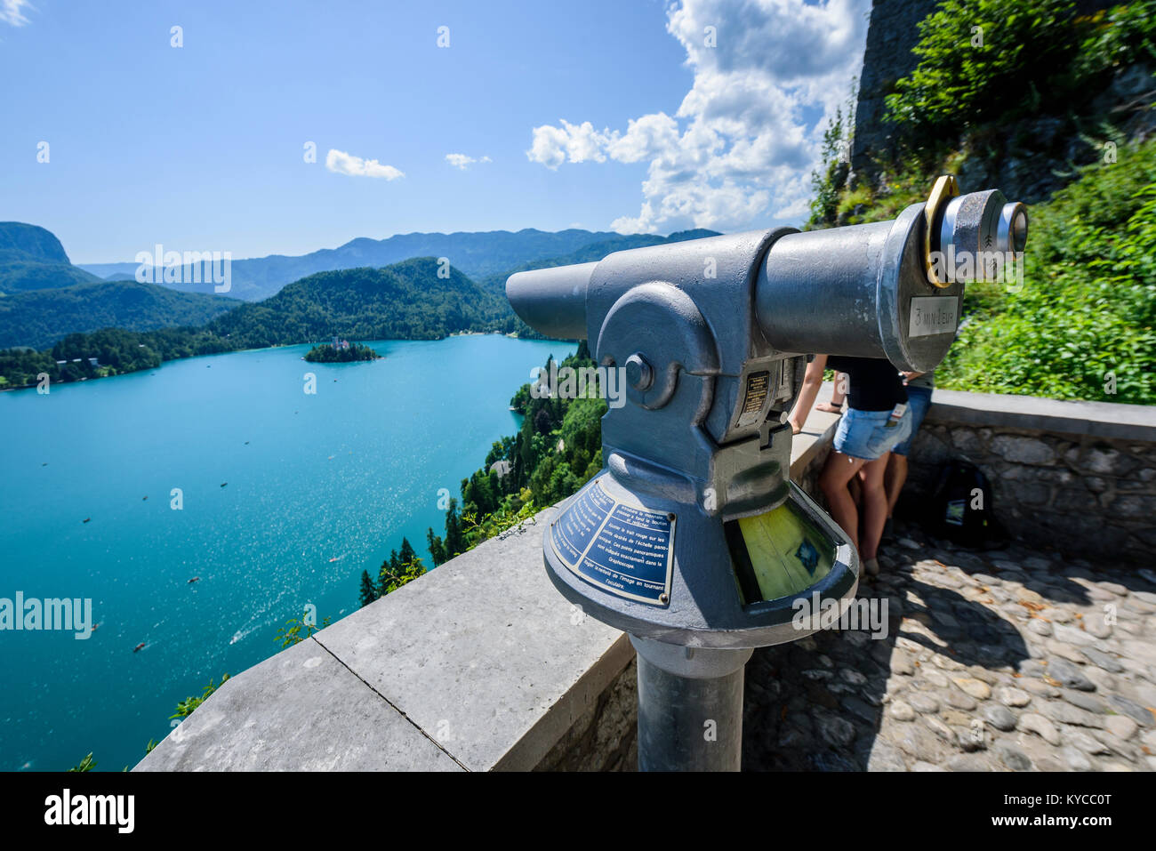 Sightseeing binoculars to Lake Bled Island and the castle Blejski grad ...