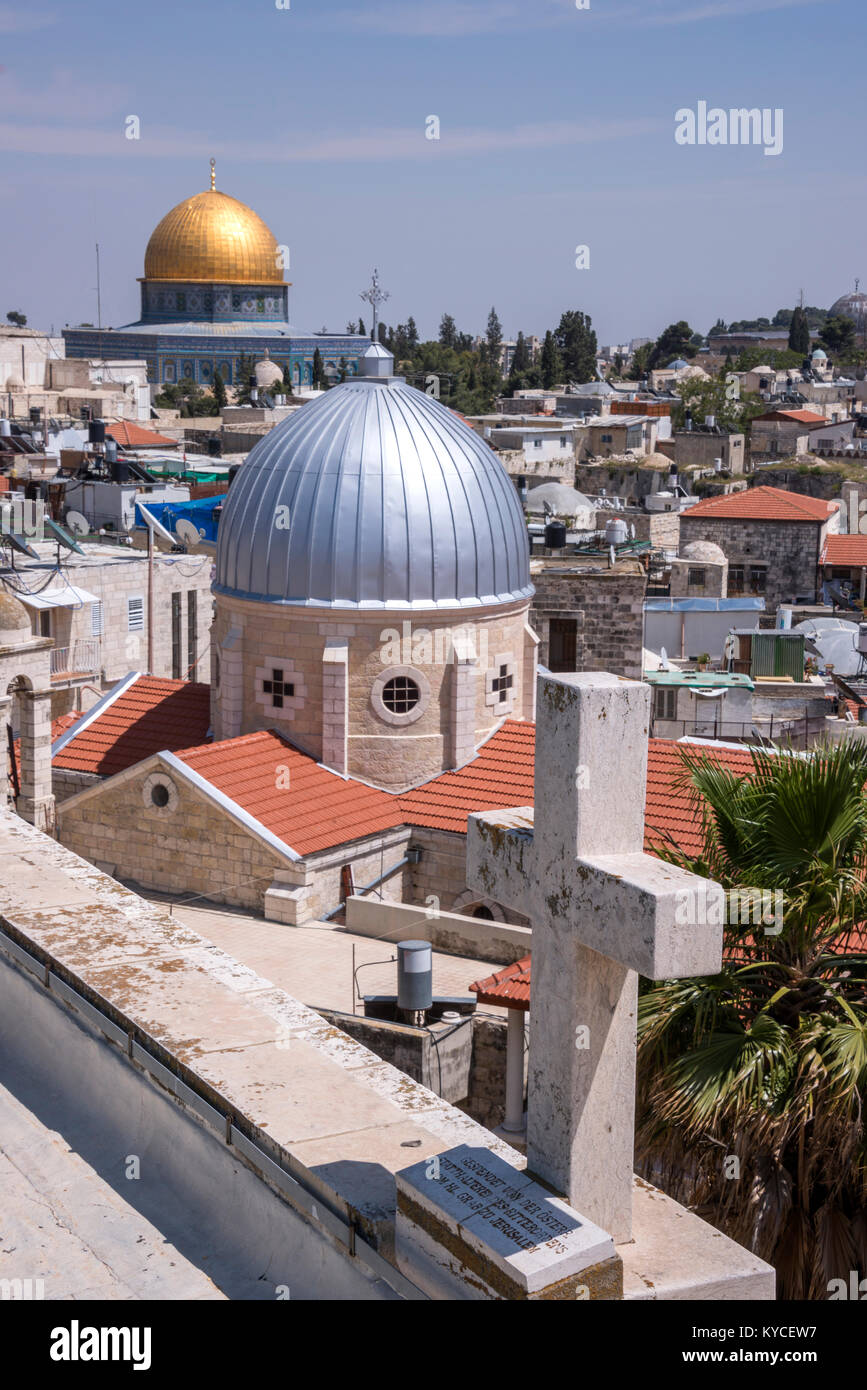 View of crosses and domes of temples from a rooftop, in the old city of Jerusalem, Israel Stock ...