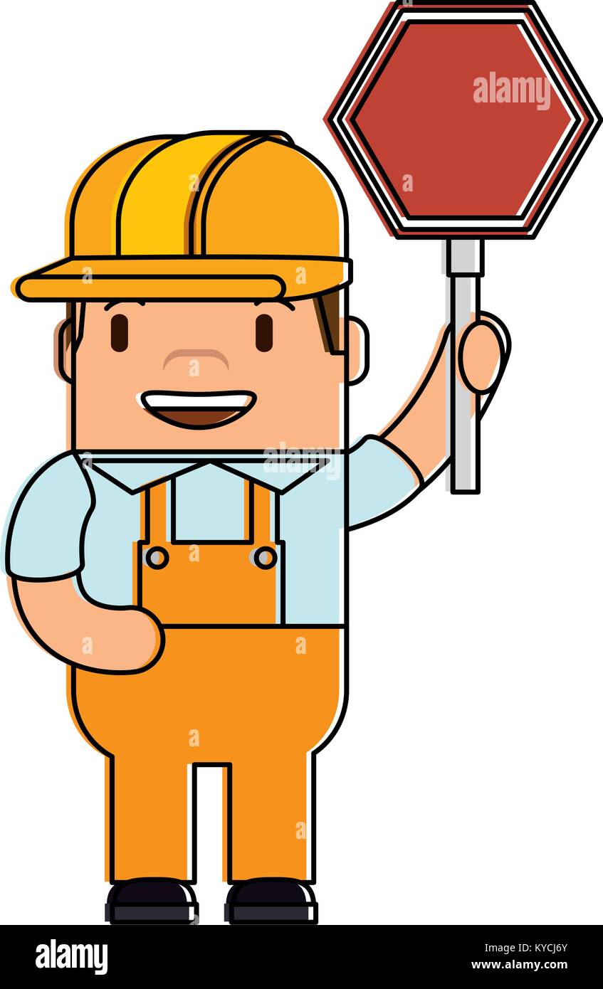 funny builder with traffic signal avatar character vector illustration ...