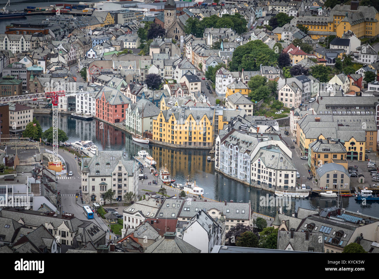 Looking down on Alesund Norway from the Aksla viewpoint harbour Stock ...