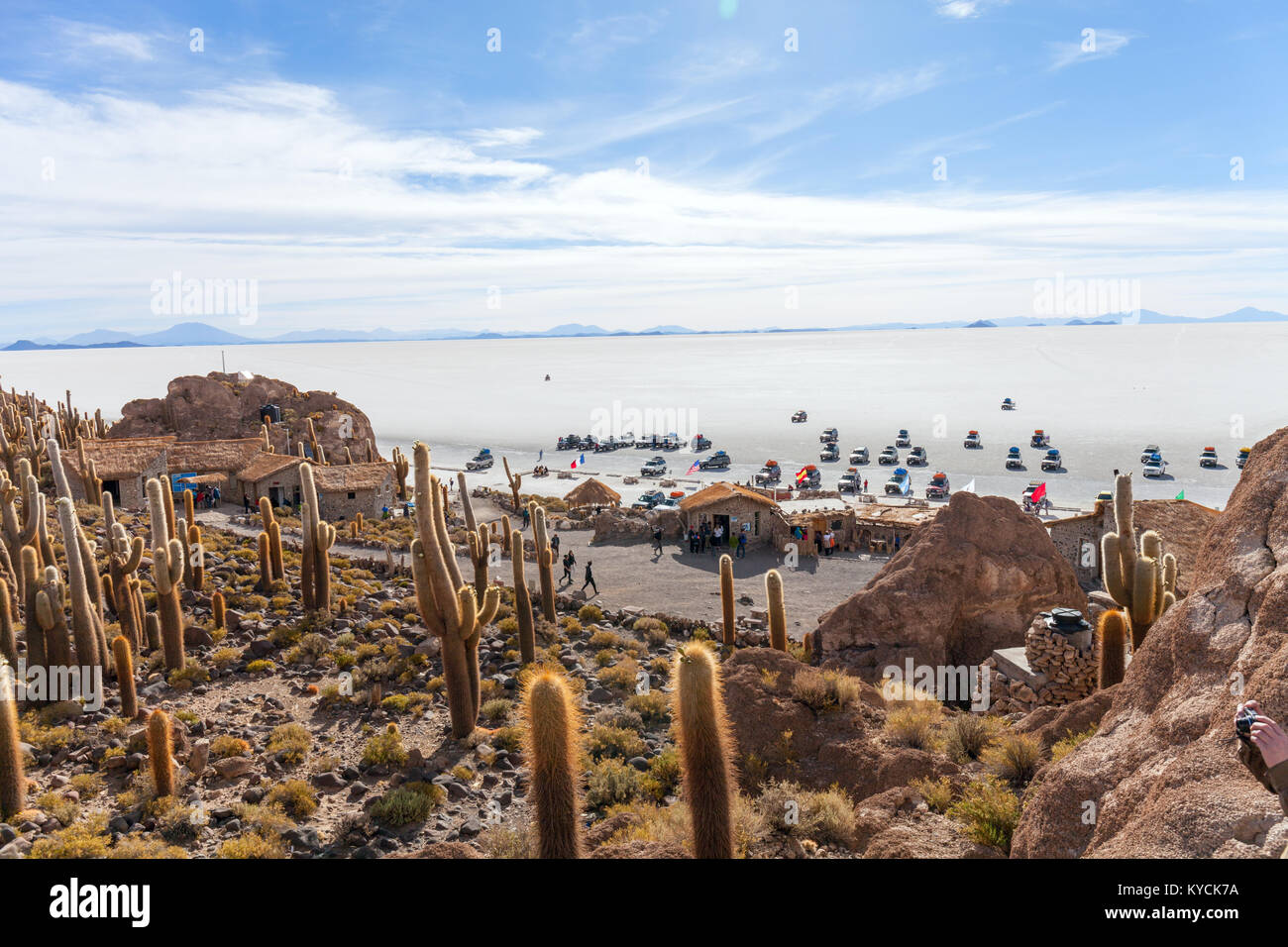 crowd of tourists at the foot of the island of cactus, Cactus island ...