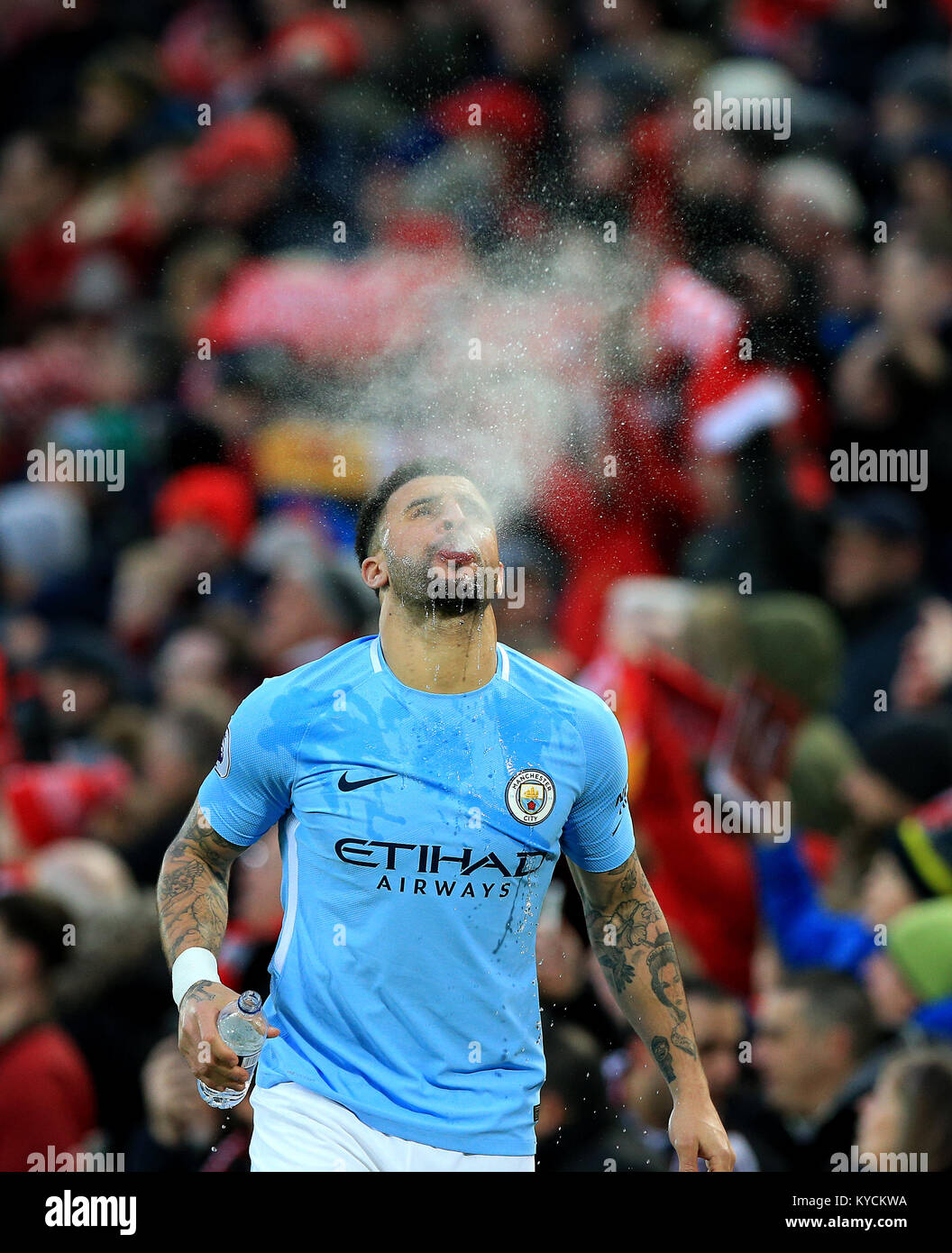 Manchester City's Kyle Walker sprays water from his mouth before the ...