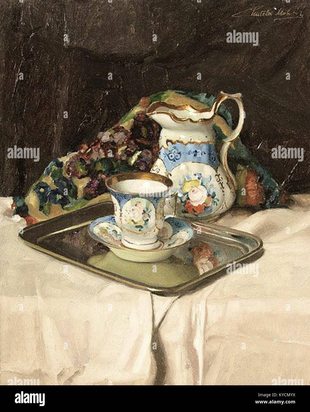 This still-life painting by P. Molnár features porcelain objects as the ...
