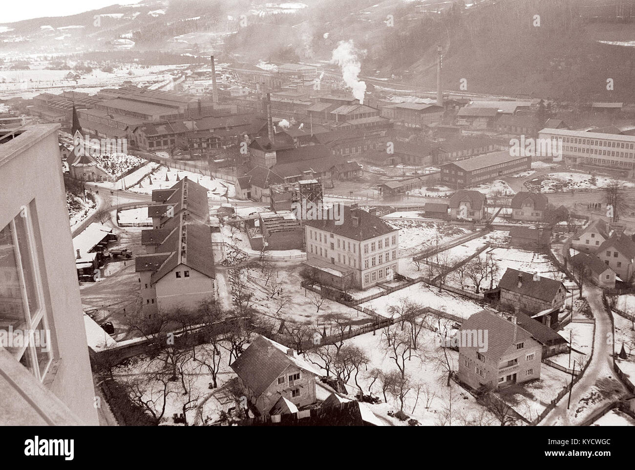 This panoramic photo captures the town of Raven na Koroškem in Slovenia ...